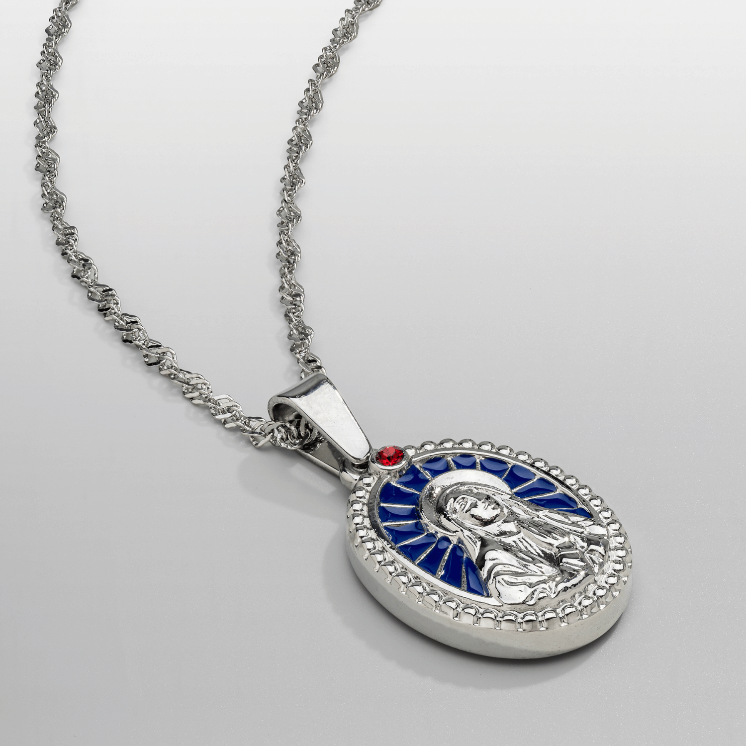 Enamel Virgin Mary Pendant Necklace (Silver)
