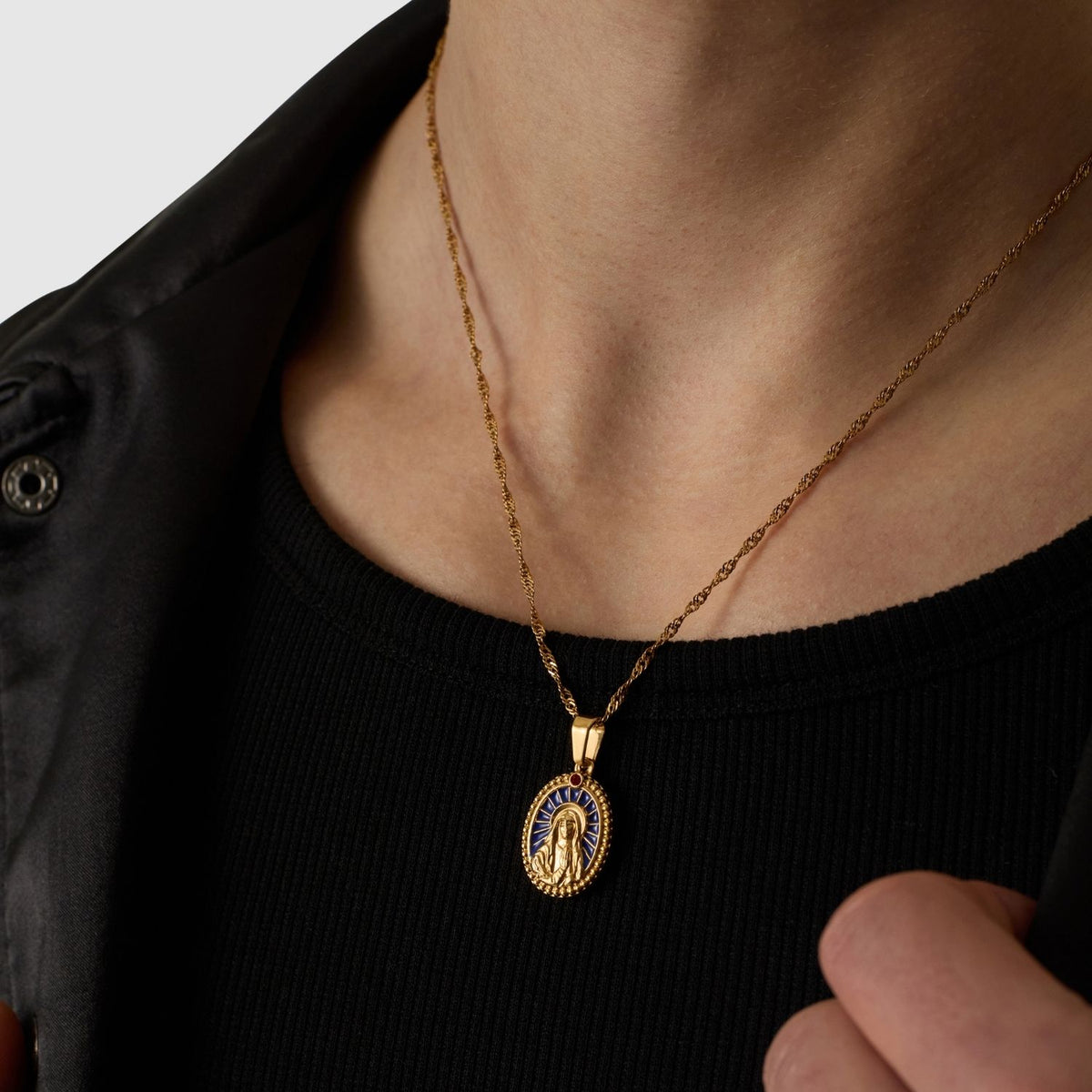 Enamel Virgin Mary Pendant Necklace (Gold)