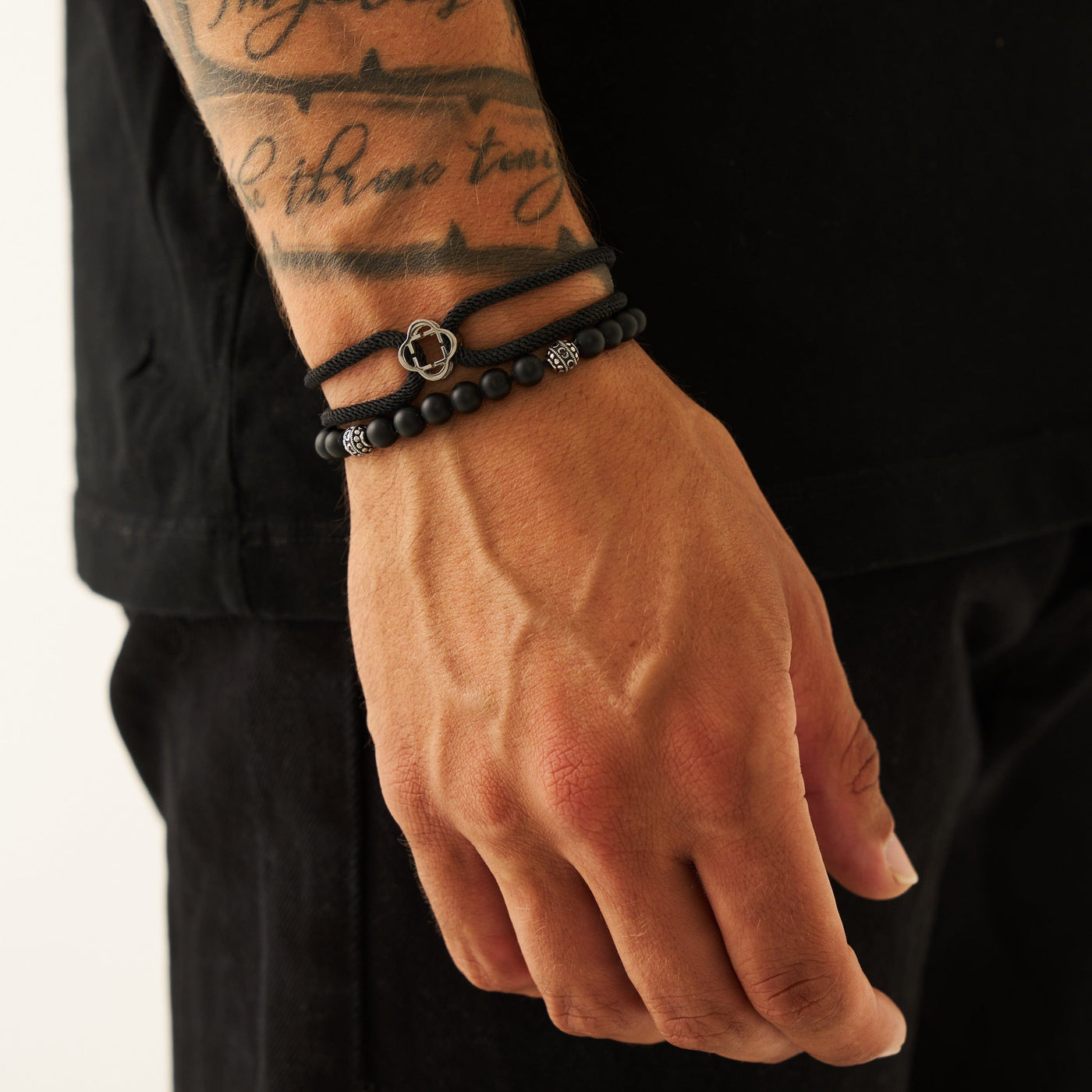 Black Cord String Bracelet for Men (Silver)