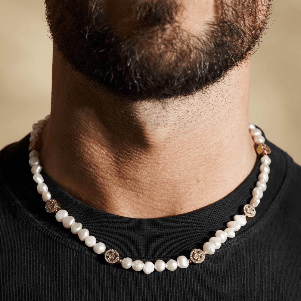 Men's Diamond Smiley Face Real Pearl Necklace (Gold) | CRAFTD London