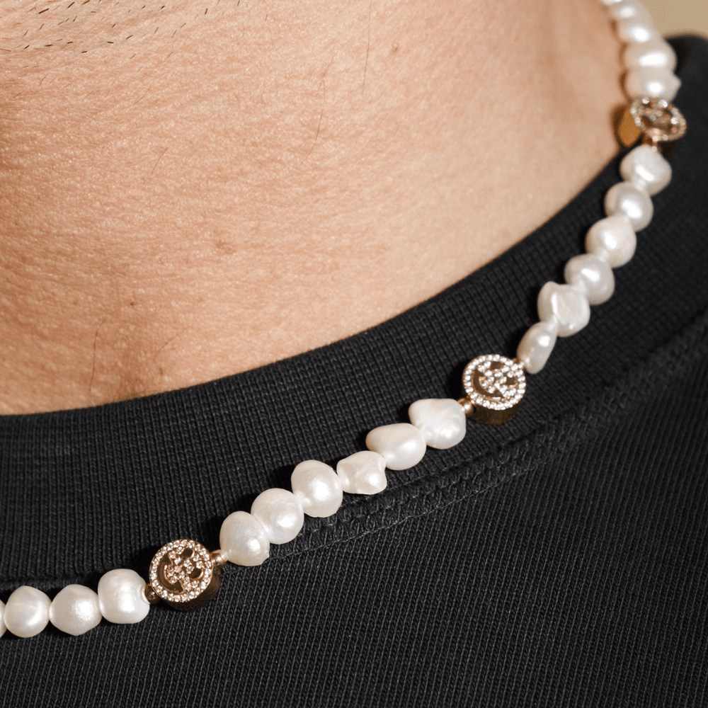Men's Diamond Smiley Face Real Pearl Necklace (Gold) | CRAFTD London