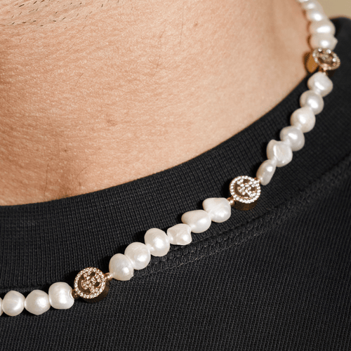 Men's Diamond Smiley Face Real Pearl Necklace (Gold) | CRAFTD London