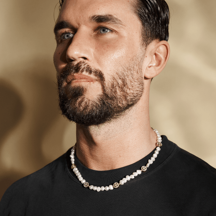 Men's Diamond Smiley Face Real Pearl Necklace (Gold) | CRAFTD London